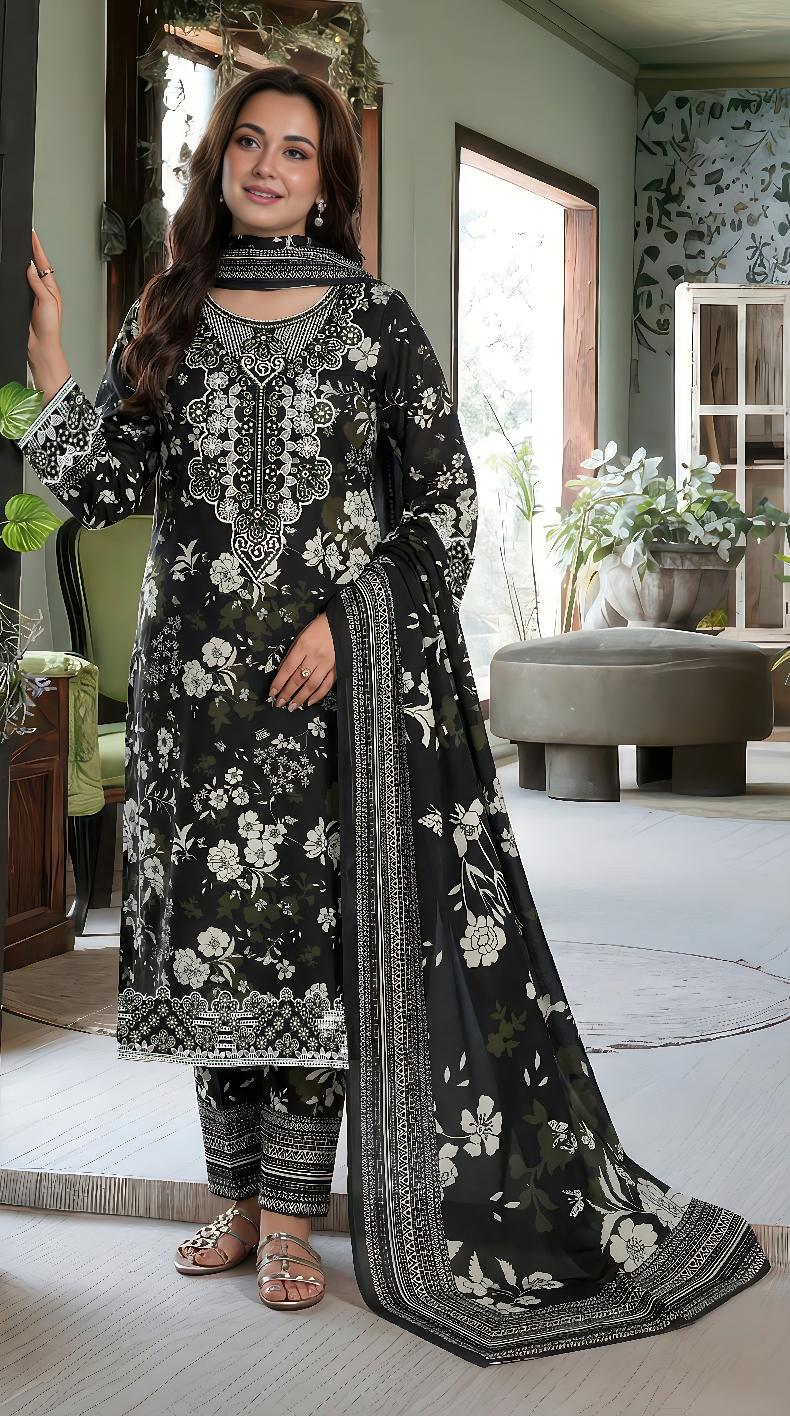 SASSI Volume 5000 Unstitched Luxury Lawn Suit – Black Embroidered
